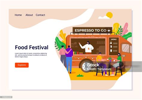 랜딩 페이지 트럭 차량에서 테이크 아웃 커피를 구입하는 사람들을위한 거리 음식 축제 개념 모바일 커피 숍 바리스타와 바퀴에 카페 도시 공원에서 함께 걷는 캐릭터 벡터 거리에