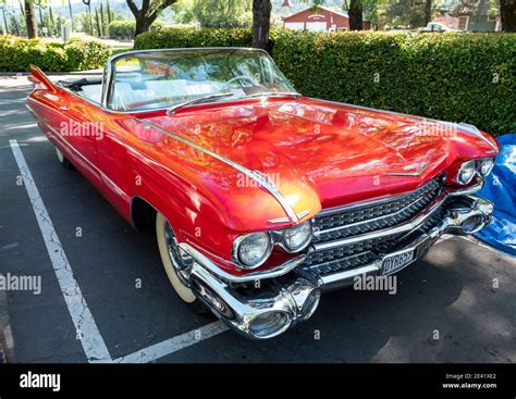 Vintage Red Cadillac Convertible Circa 1950s In A Car Park In Napa