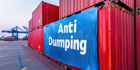 Red Shipping Container Stack With Blue Anti Dumping Banner At Port Industrial Evening Scene