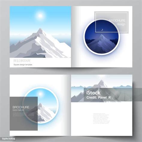 정사각형 디자인 Bifold 브로셔 잡지 전단지 소책자를위한 두 개의 표지 템플릿의 벡터 일러스트 레이아웃 마운틴 일러스트 아웃도어 어드벤처 여행 개념 배경입니다 플랫