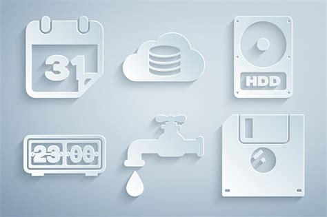 수돗물 하드 디스크 드라이브 Hdd 레트로 플립 시계 플로피 클라우드 데이터베이스 및 캘린더 아이콘을 설정합니다 벡터 복고풍에 대한 스톡 벡터 아트 및 기타 이미지 Istock