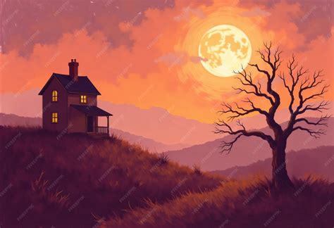Spooky Sunset Scene With Haunted House And Bare Tree Ai Generated Image
