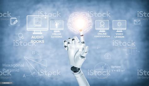Ai 로봇은 가상 화면에서 온라인 교육 아이콘을 학습하기 위해 손 터치 시스템을 사용합니다 인터넷 수업 온라인 웨비나 디지털 화면의 온라인 수업 교육 인터넷 기술 인공지능에