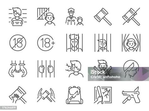 청소년 범죄 아이콘 세트입니다 여기에는 연체 정의 법률 범죄 및 더 많은 아이콘이 포함되었습니다 편집 가능한 벡터 스트로크 아이콘에 대한 스톡 벡터 아트 및 기타 이미지