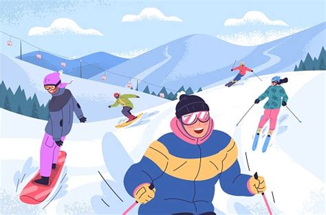 사람들 스키 슬로프 스키어와 스노우 보드 라이더 스키를 타고 내려 갈면 눈 덮인 산 언덕 케이블카 풍경 겨울 익스트림 스포츠 리조트 가족 휴가 고급 벡터 일러스트 레이 션