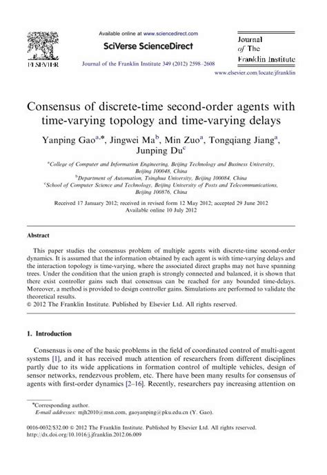 Pdf Consensus Of Discrete Time Second Order Agents With Time Varying Topology And Time Varying