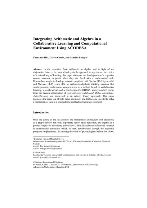 Pdf Integrating Arithmetic And Algebra In A Collaborative Learning And Computational