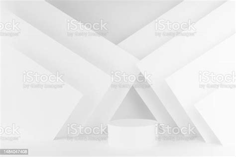 프리젠테이션 화장품 상품 디자인을 위한 기하학적 추상 패션 흰색 무대 부드러운 조명 라인이 있는 1기통 연단 모형 단순한 도시