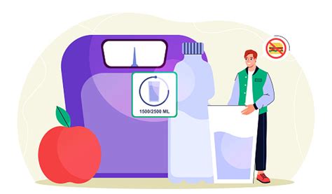 건강한 식단을 가진 남자 물 한 잔과 사과 근처에 비늘을 가진 젊은 남자 건강한 식습관 적절한 식단 및 영양 피트니스와 운동 활동적인 라이프 스타일과 스포츠 평면 벡터