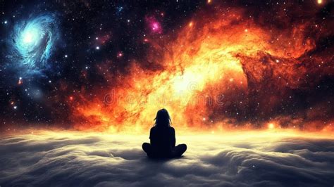 Woman Meditating On Clouds Cosmic Nebula Background Spiritual Serenity