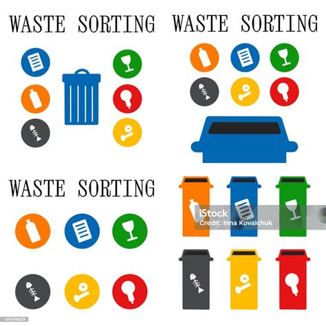 폐기물 용기를 설정합니다 재활용 가능한 자재를 위한 평평한 용기 폐기물 을 분류하기위한 쓰레기통 바구니 및 쓰레기 벡터