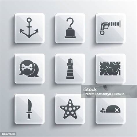 설정 불가사리 머리에 대한 해적 반다나 보물지도 등대 검 위치 해적 앵커와 빈티지 권총 아이콘 벡터 강철에 대한 스톡 벡터 아트