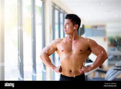 Man Exercising In Gym Asian Bodybuilder Lifting Weights Sport And