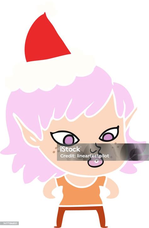 산타 모자를 쓴 엘프 소녀의 예쁜 손으로 그린 평면 컬러 그림 꼬마 요정에 대한 스톡 벡터 아트 및 기타 이미지 꼬마 요정 낙서 드로잉 등장인물 Istock
