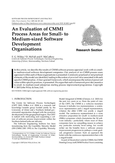 Pdf An Evaluation Of Cmmi Process Areas For Small To Medium Sized