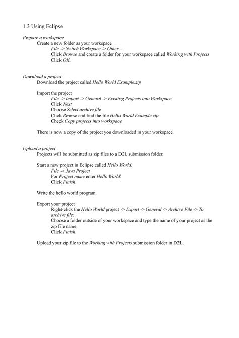 13 Using Eclipse Assignment 1 Using Eclipse Prepare A Workspace Create A New Folder As Your