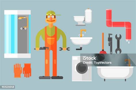 평면 벡터 배관공 수리 및 위생 공학 도구 세트입니다 작업자 화장실 싱크대 욕조 샤워 세탁기 장갑 파이프 플런저 렌치 날씨에 대한 스톡 벡터 아트 및 기타 이미지 Istock