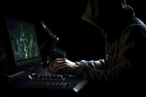 Premium Photo Hooded Hacker Stealing Data From A Computer At Night Computer Security Concept
