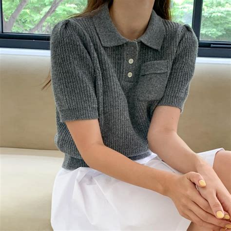 모람모람 캐시미어 카라 반팔 골지 하찌 크롭 포켓 니트