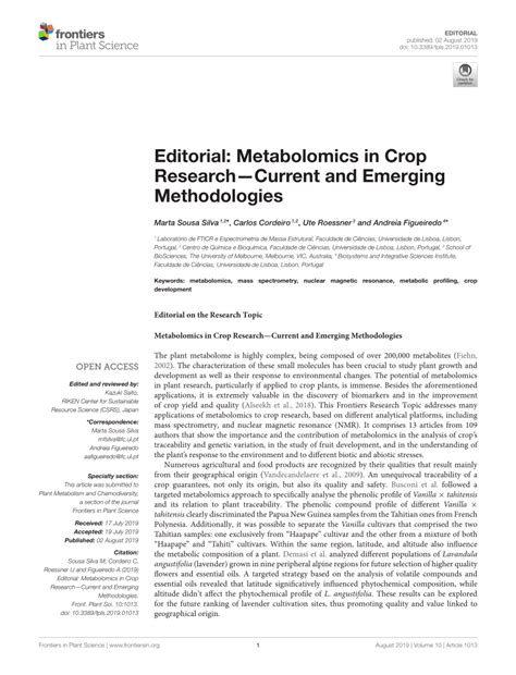Pdf Editorial Metabolomics In Crop Research—current And Emerging Methodologies