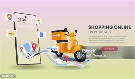 오토바이와 음식 및 패키지 온라인 쇼핑 배달 서비스에 대한 온라인 쇼핑 템플릿 서비스 3d 벡터 그림입니다 배달에 대한 스톡