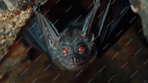 A Vampire Bat Hanging Upside Down In A Cave With Glowing Red Eyes