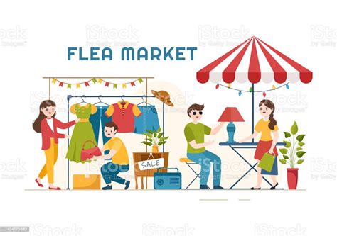 벼룩 시장 템플릿 손으로 그린 만화 플랫 일러스트 레이 션 쇼핑객 스왑 만남 주말에 판매자 및 고객과 함께 두 번째 손 가게 벼룩 시장에 대한 스톡 벡터 아트 및 기타