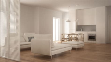 블러 배경 인테리어 디자인 주방과 식탁이있는 현대적인 깨끗한 거실 소파 푸프 및 긴 최소한의 건축물 0명에 대한 스톡 사진 및 기타 이미지 Istock