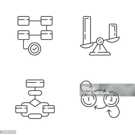 다이어그램 개념 선형 아이콘 집합입니다 활동 비교 흐름 상태 차트 정보 기호 표현 가는 선 윤곽심 격리된 벡터 개요 그림입니다 편집 가능한 스트로크 0명에 대한 스톡 벡터