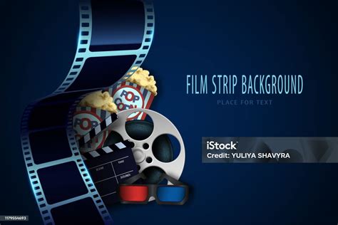필름 릴 클래퍼 보드 3d 시네마 안경 팝콘 및 파란색 배경에 격리 된 트위스트 시네마 테이프 영화 디자인에 대한 샘플 텍스트가있는 영화 포스터 템플릿 시네마토그래피 개념