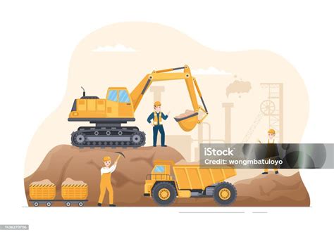 석탄 광산 산업 공정 또는 플랫 만화 손으로 그린 템플릿 일러스트레이션에서 운송을위한 무거운 노란색 덤퍼 트럭과 광산 회사 광업에 대한 스톡 벡터 아트 및 기타 이미지