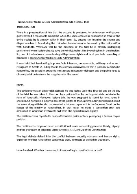 Prem Shankar Shukla Case Analysis Prem Shankar Shukla V Delhi