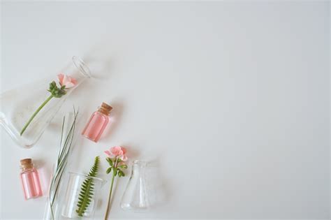 실험실 실험 및 연구 잎 기름 성분과 자연의 아름다움과 유기농 스킨케어 제품에 대 한 레이블 바이오 과학 개념에 대 한 빈 병을 추출합니다 대체 의학입니다 스파입니다 개념에