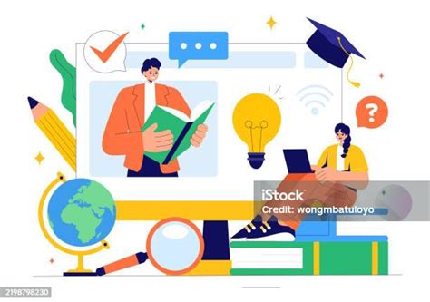 온라인 교육 및 지식 도서 배경에서 학용품 및 학습 자료와 함께 공부하는 사람들을 특징으로하는 벡터 일러스트 레이 션 공부에 대한 스톡 벡터 아트 및 기타 이미지 Istock
