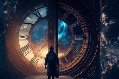 AI Generated Illustration Of A Man Beside A Big And Powerful Clock In The Galaxy Stock