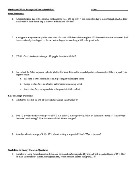 Energy Problems Worksheet Questions PDF Kinetic Energy Force Worksheets Library