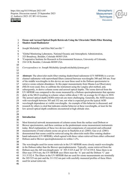 Pdf Ozone And Aerosol Optical Depth Retrievals Using The Ultraviolet Multi Filter Rotating