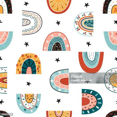 귀여운 다채로운 달콤한 무지개 만화 과일 무지개와 별 아이들을위한 원활한 벡터 패턴 생일 파티 베이비 패션을위한 완벽한 유치한
