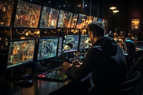 Premium Ai Image Engineer Analyzing Data Traffic On A Bank Of Screens In A Server Monitoring