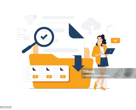 Searching File Data Storage File Manager And Indexing Woman Uses Magnifying Glass Search File