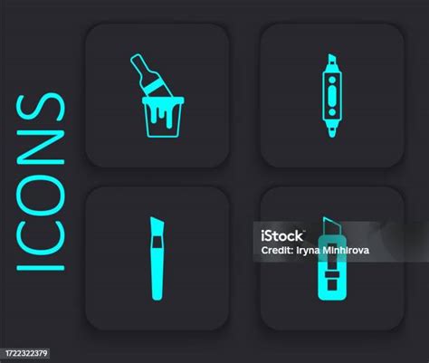 편지지 칼 브러시가 있는 페인트 통 마커 펜 및 아이콘을 설정합니다 검은색 사각형 버튼입니다 벡터 검은색에 대한 스톡 벡터 아트