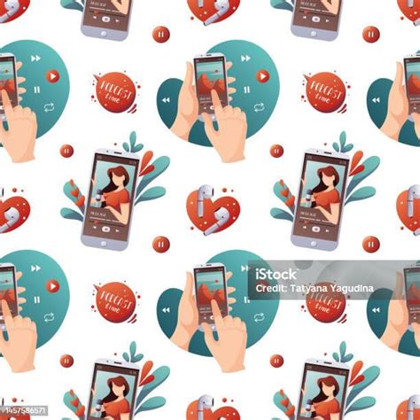 전화 화면에 팟캐스트를 녹음하는 여성과 매끄러운 패턴 개념에 대한 스톡 벡터 아트 및 기타 이미지 개념 듣기 등장인물