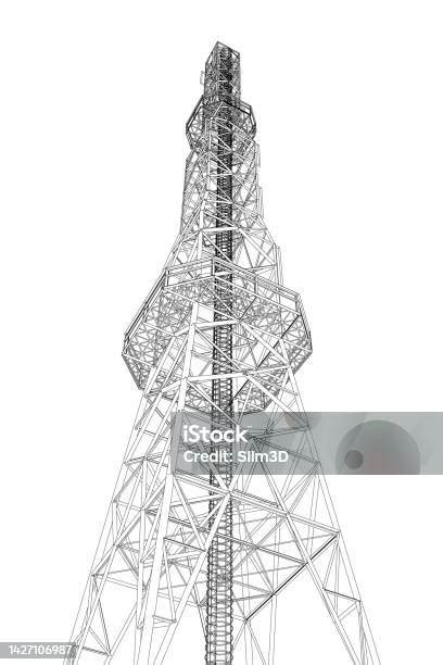 흰색 배경에 고립 된 검은 선에서 통신하기위한 높은 타워의 개요 하단 보기 3d 벡터 일러스트레이션 역에 대한 스톡 벡터 아트 및 기타 이미지 Istock