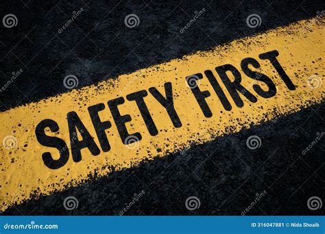 Dark Asphalt Road With Yellow Line And Safety First Text For Emphasis