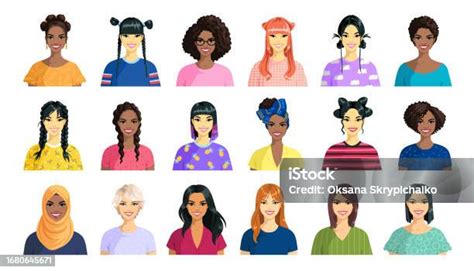 여성의 아바타 세트입니다 다양한 소녀 다인종 다문화 피부색과 헤어스타일이 다른 웃는 여성의 초상화 아프리카 아시아 아랍 유럽 외모의 여성 벡터 아바타에 대한 스톡 벡터 아트