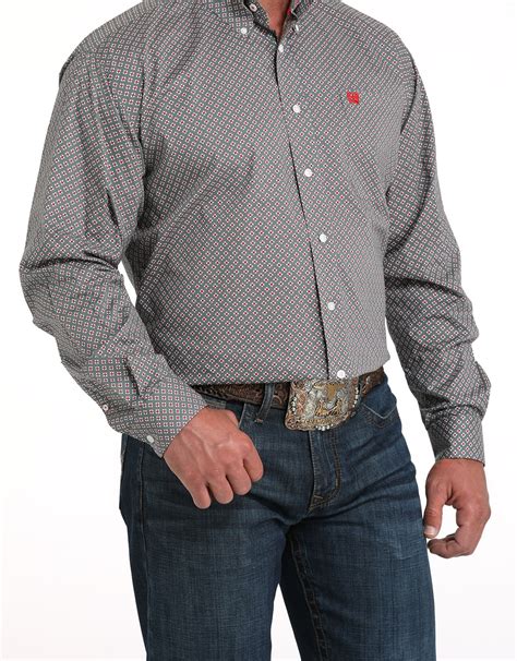 Mens Cinch Stretch Grey Print Long Sleeve Western Button Arena Shirt