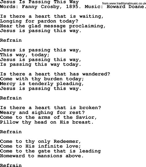 Jesus Is Passing This Way By Fanny Crosby Hymn Lyrics
