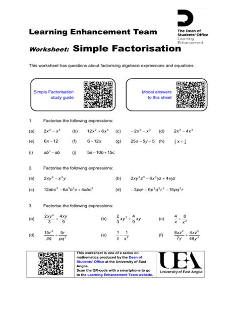 Simple Factorisation Worksheet Algebra Practice