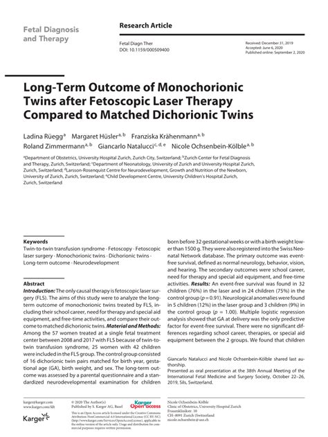Pdf Long Term Outcome Of Monochorionic Twins After Fetoscopic Laser