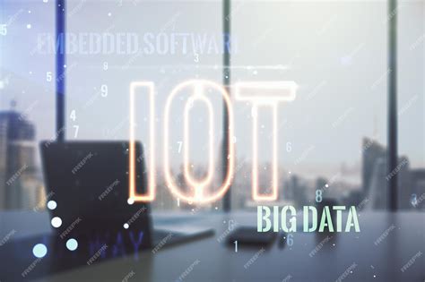 Premium Photo Double Exposure Of Creative Iot Hologram And Modern Desktop With Laptop On